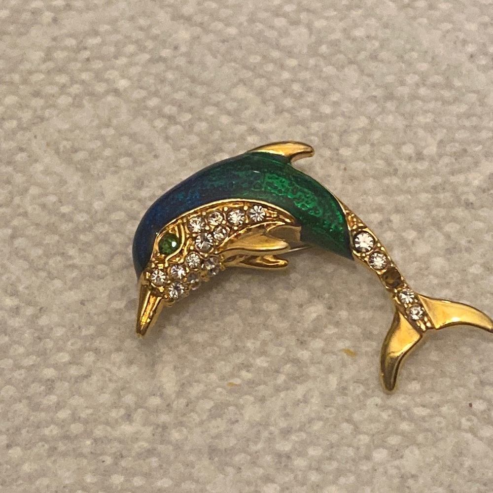 Beautiful, Golden Green Dolphin Pin Brooch - Gem